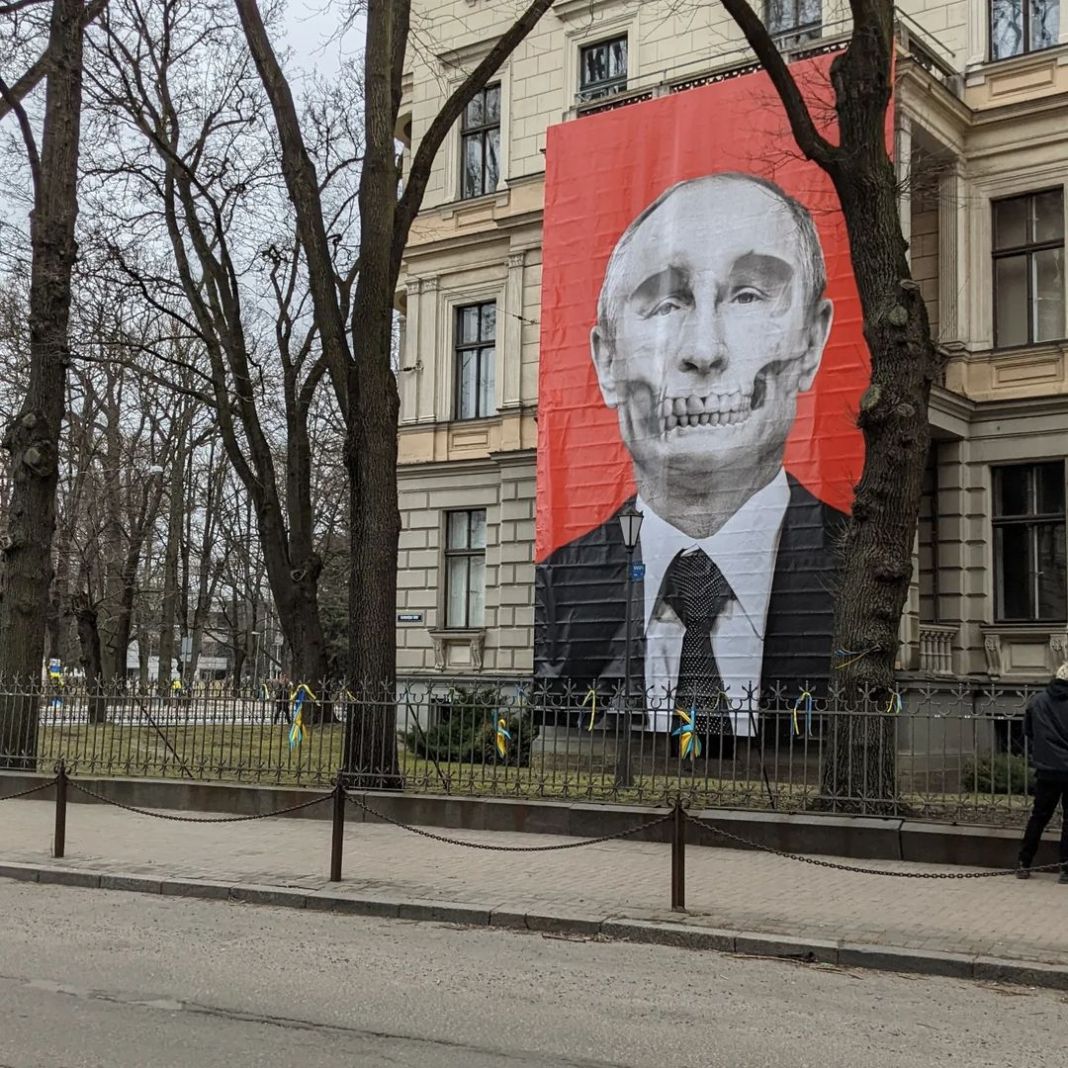 Anti-Putin poster in front of the Russian embassy in Riga, Latvia ...