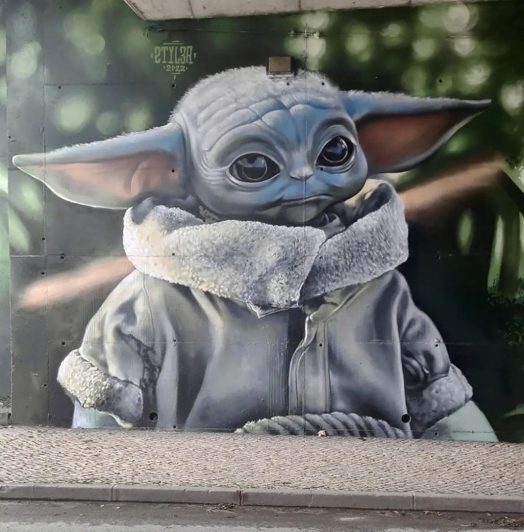Mural of Baby Yoda by Styler in Lisbon, Portugal | STREET ART UTOPIA
