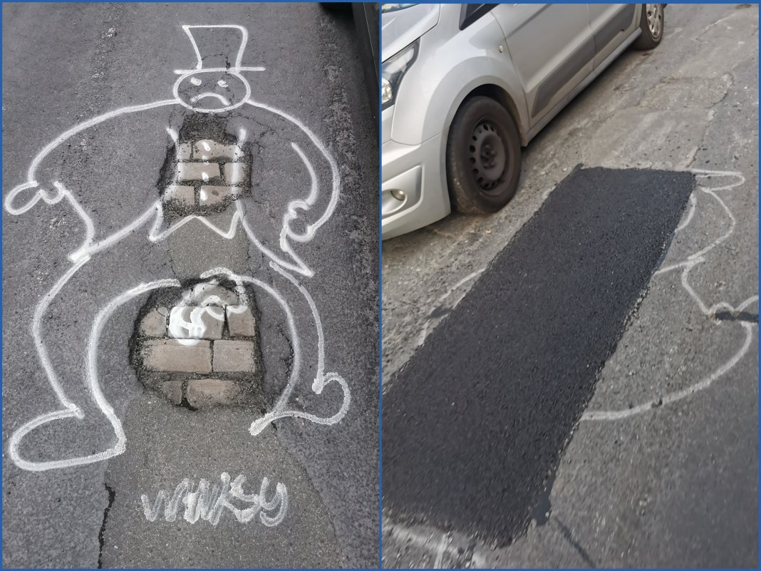 Wanksy graffitiing giant penises on to potholes so that the council ...