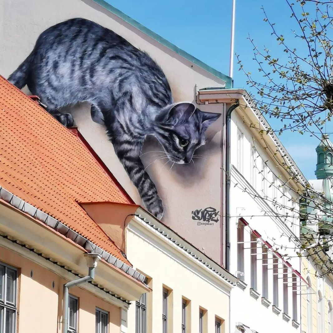 Cat mural by Sagie in the cozy town of Kristianstad | STREET ART UTOPIA